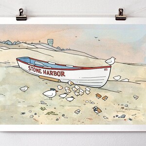 Stone Harbor Boat Beach Shorebirds and Sandpipers Illustration Print ...