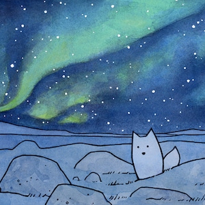 Northern Lights Arctic Fox Art Print Watercolor Illustration Kids Room ...