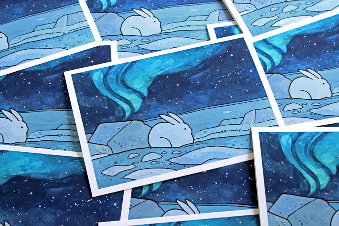 Christmas Cards Snowshoe Hare and Northern Lights Holiday Card | Etsy