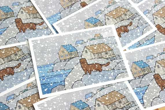 Mink and Snow Christmas Card Set Watercolor Stationary | Etsy