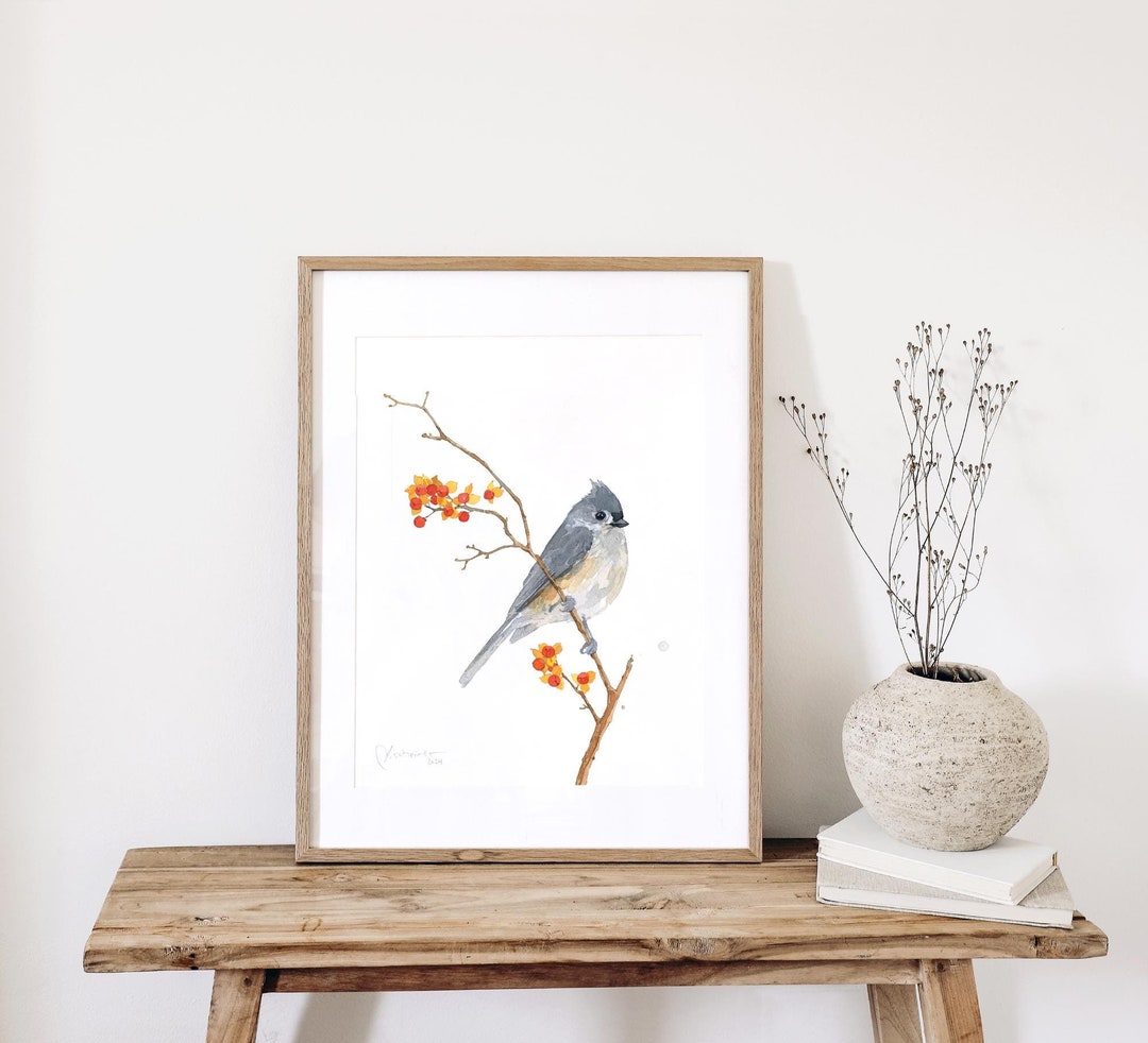 Tufted Titmouse on Bittersweet Watercolor Print Bird Painting Wall Art ...