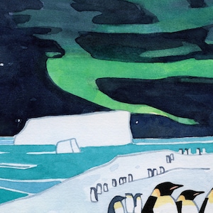 Emperor Penguins Aurora Art Print Antarctica Gift Southern Lights Kids ...