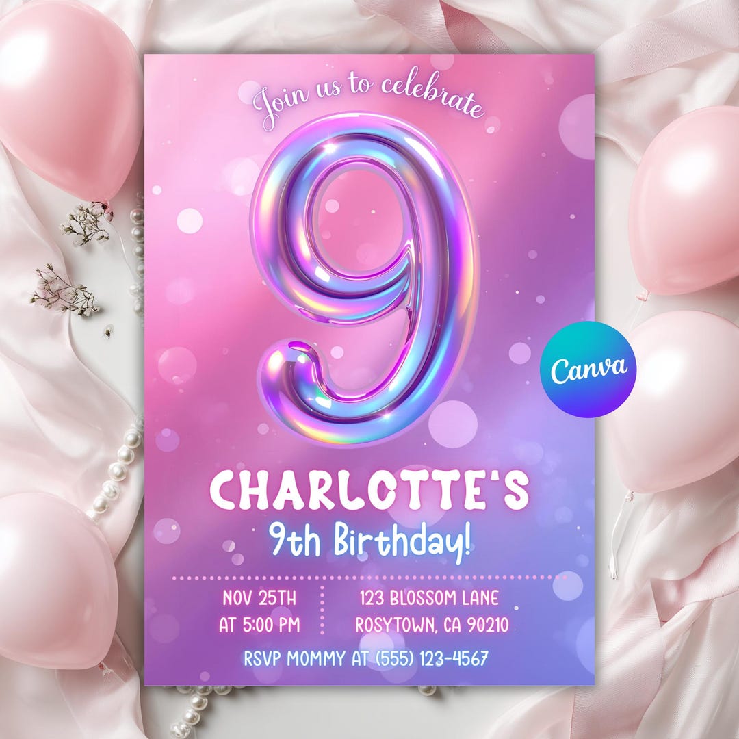 Pink 9th Birthday Invitation, Rainbow Glitter Birthday Invite, Girl ...