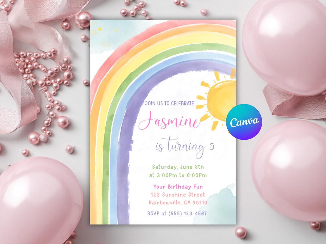 Rainbow Birthday Invitation, Editable Pink and Gold Party Template ...