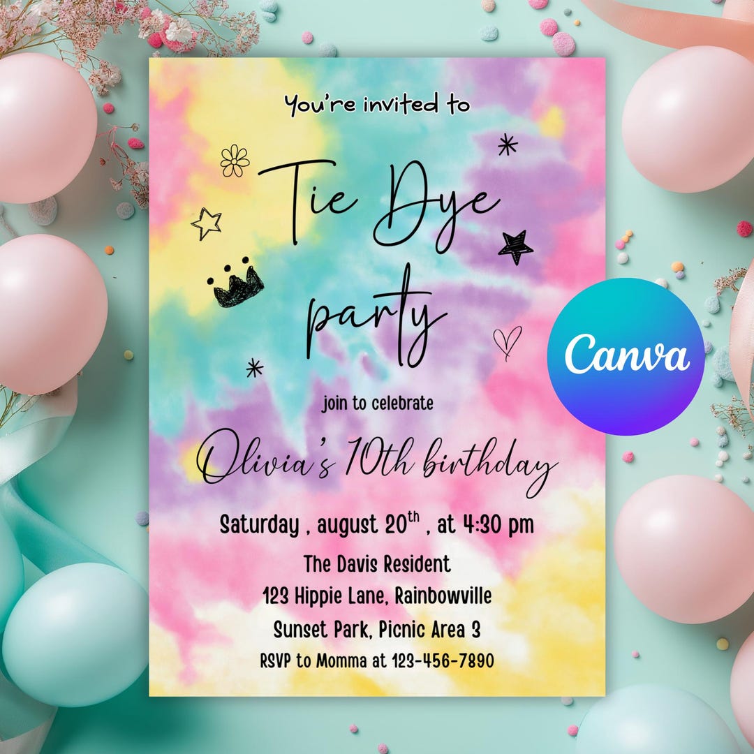 Editable Tie Dye Birthday Invitation – Rainbow Simple Design for Girls ...