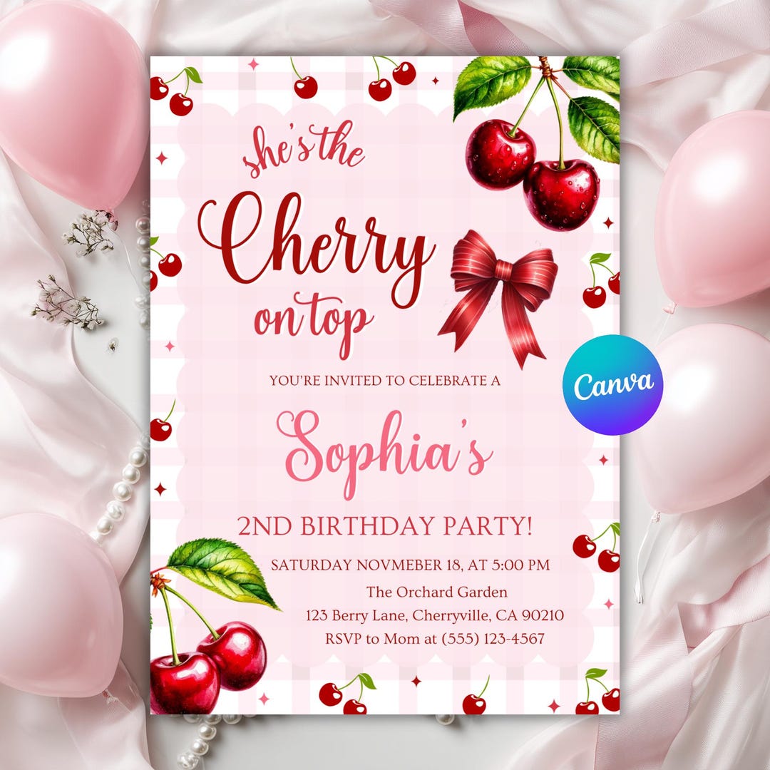 Cherry Birthday Invitation, Cherry on Top Invite, Pink Ribbon Cherry ...