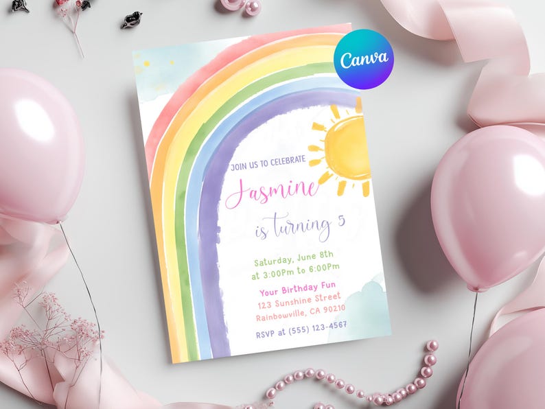 Rainbow Birthday Invitation, Editable Pink and Gold Party Template ...