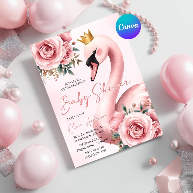 Editable Swan Princess Baby Shower Invitation Pink and Gold Swan With ...