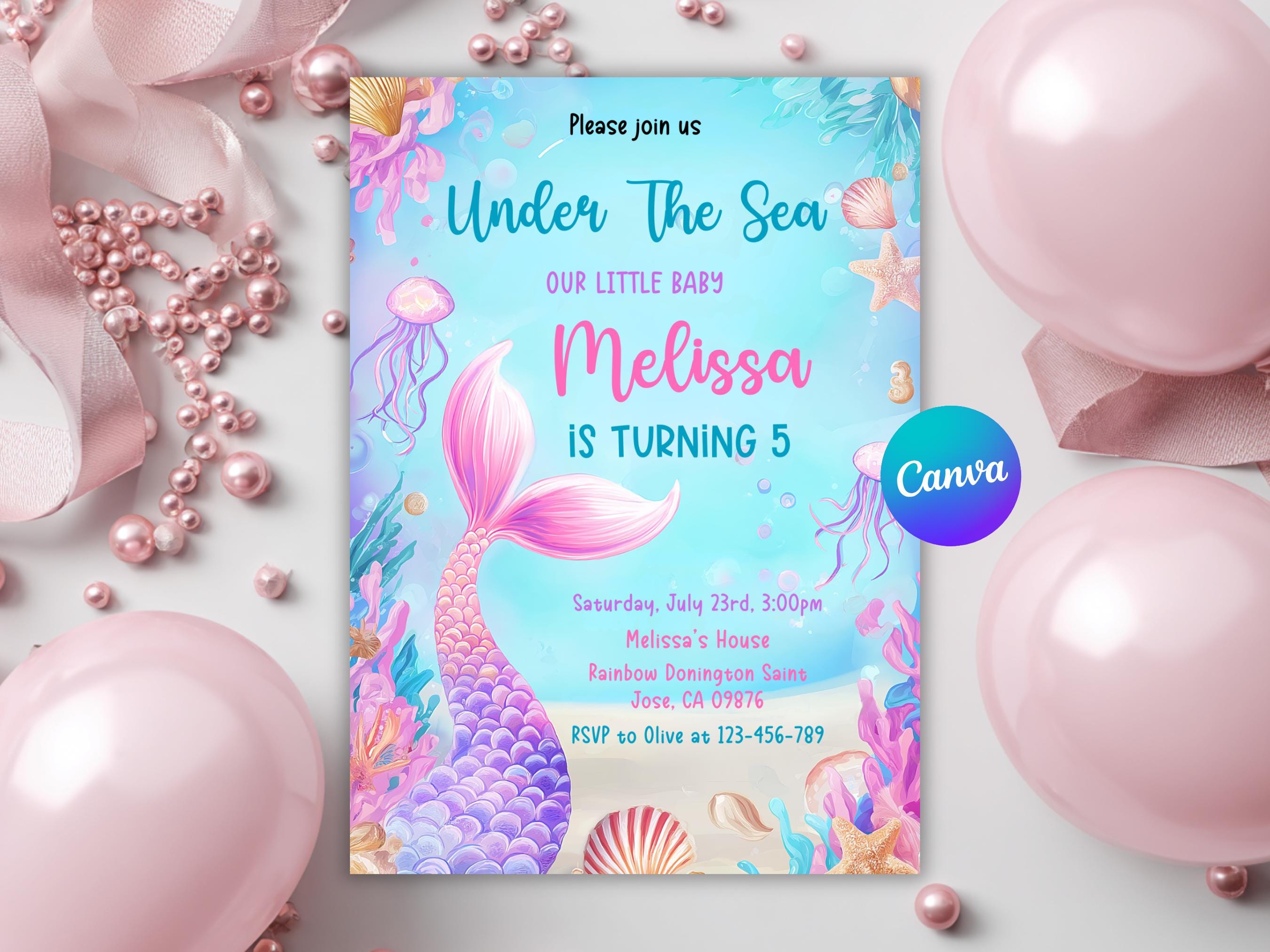 Pink Mermaid Invitation, Swimming Party Under the Sea, Editable Canva ...