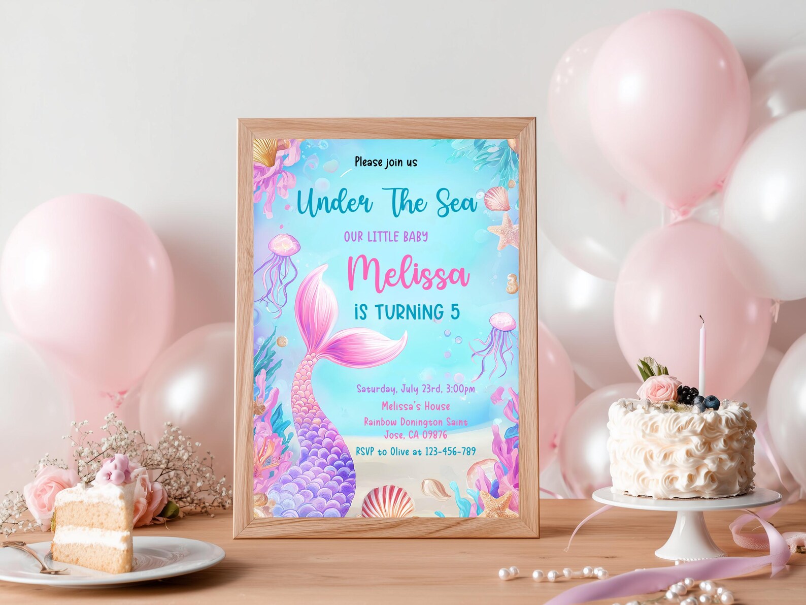 Pink Mermaid Invitation, Swimming Party Under the Sea, Editable Canva ...