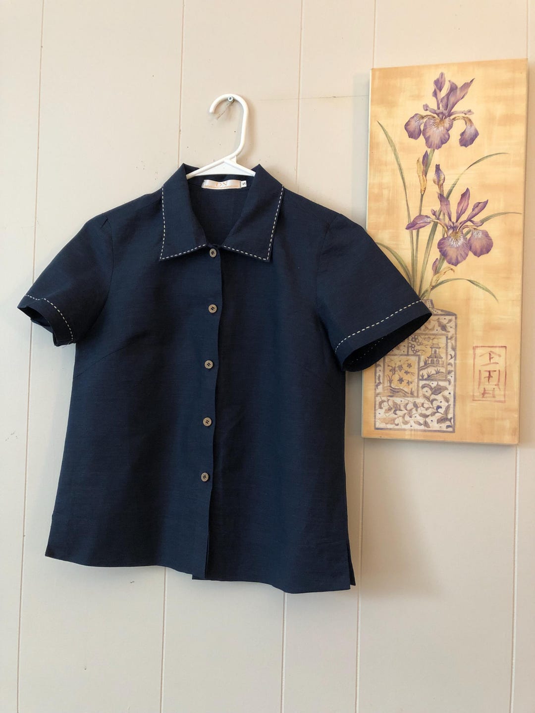Linen Hand Thread Short Sleeves Blue Shirt/blouse - Etsy