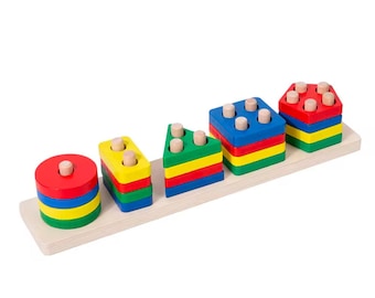 Montessori Wooden Geometric Shape Sorting Puzzle - Educational Stacking ...