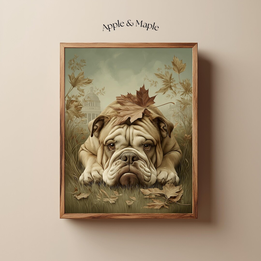 Bulldog With Autumn Leaf, Cozy Fall Dog Wall Art, Rustic Pet Lover ...