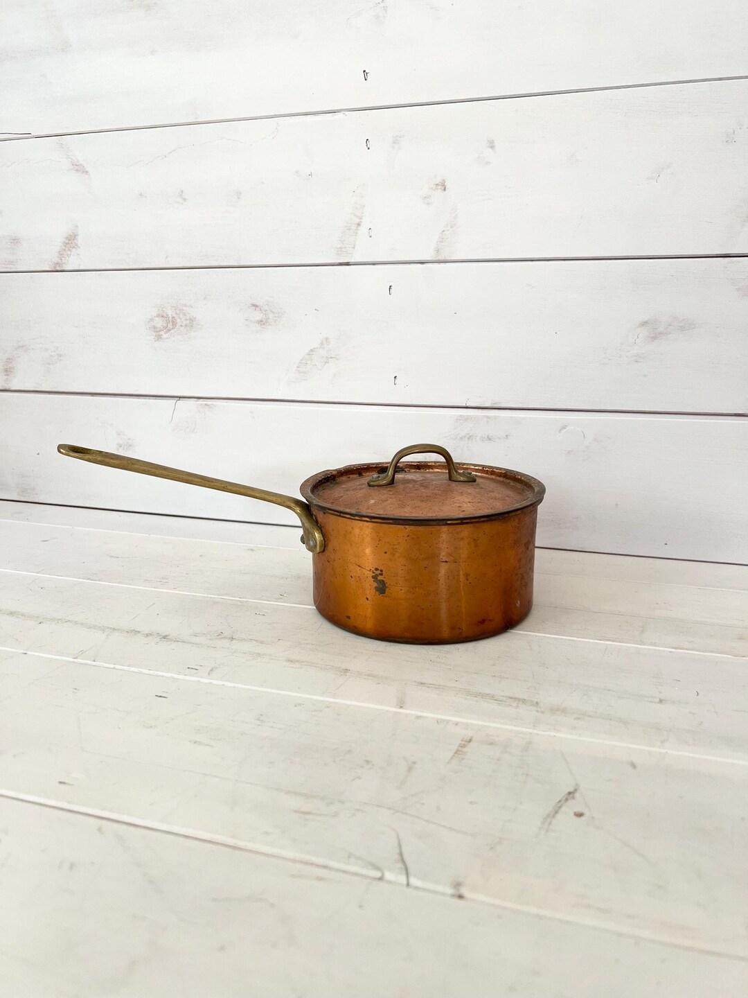 Small Rustic Vintage Copper Pot With Brass Handle | Round Copper Pot ...