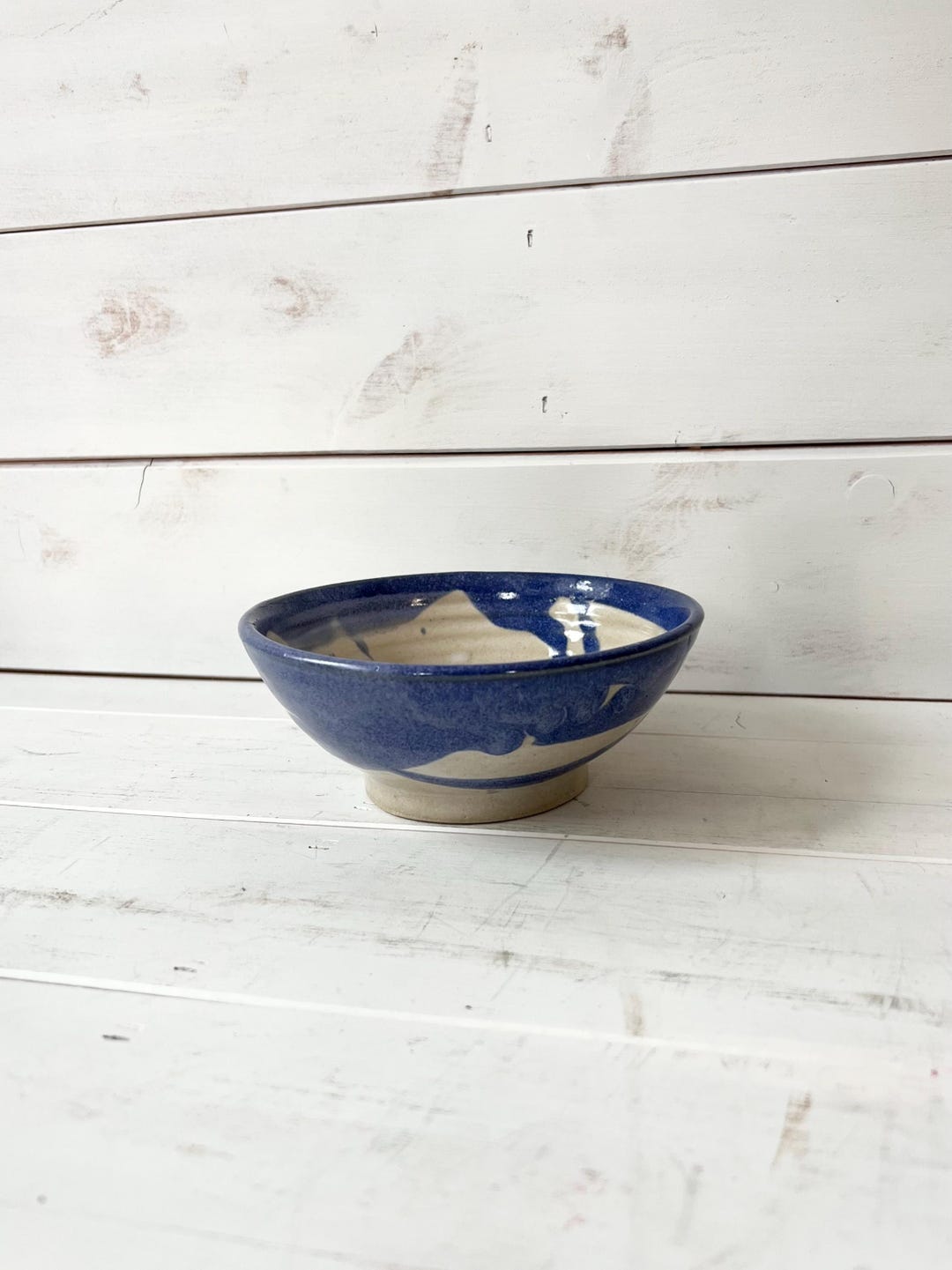 Vintage Handmade Ceramic Pottery Pedestal Bowl | Blue and White Pottery ...