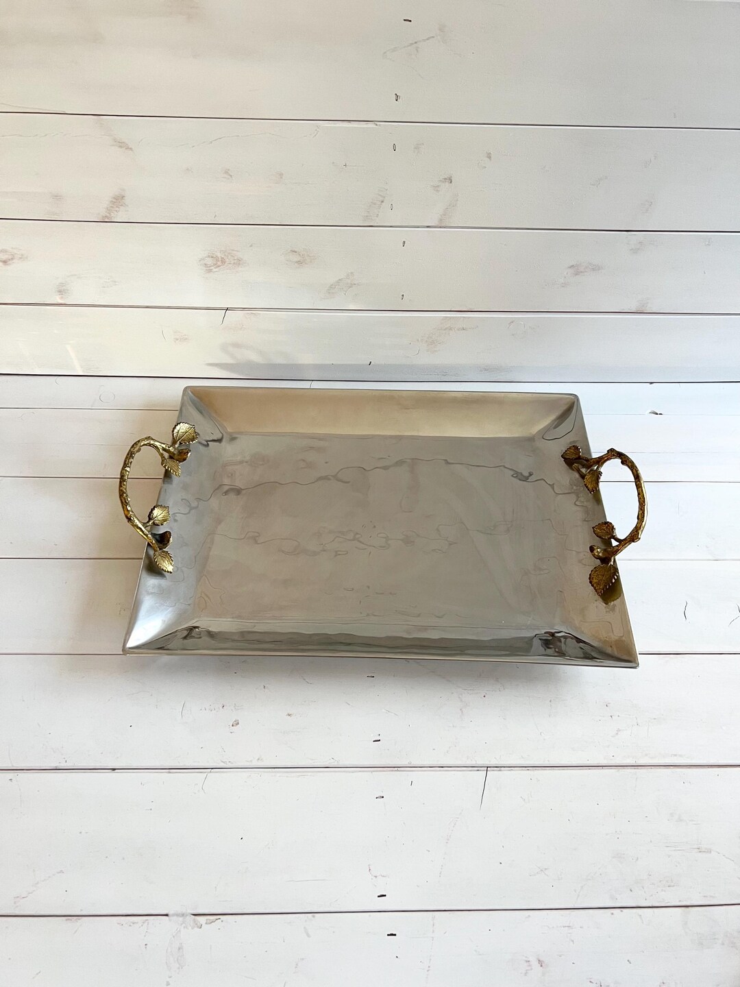 Large Vintage Silver Tray With Brass Leaf Handles - Etsy