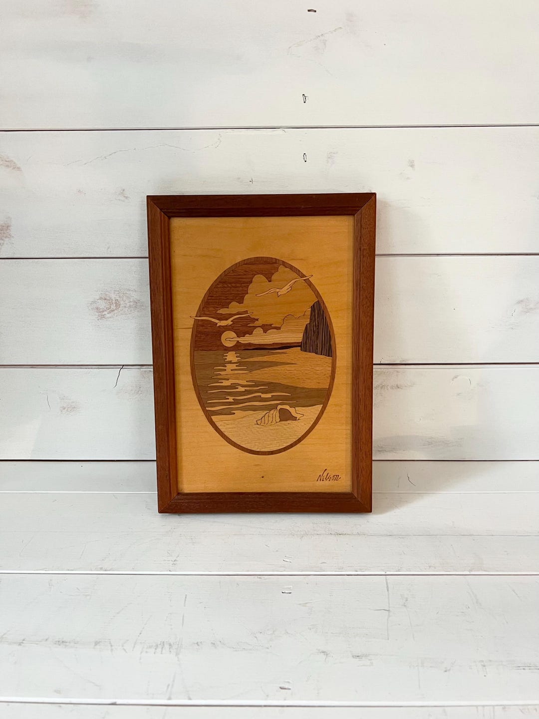 Vintage Wood Seascape Marquetry Inlay Art Signed by Hudson River Artist ...