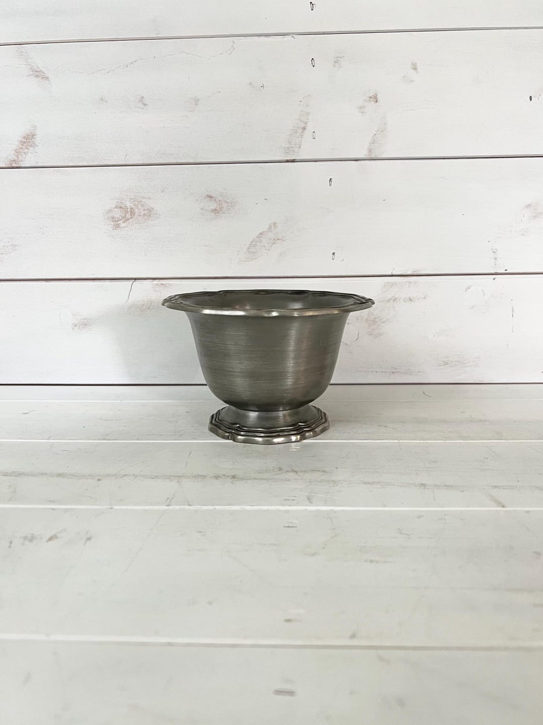 Heavy Vintage Pewter Pedestal Bowl With Scalloped Edge Design ...