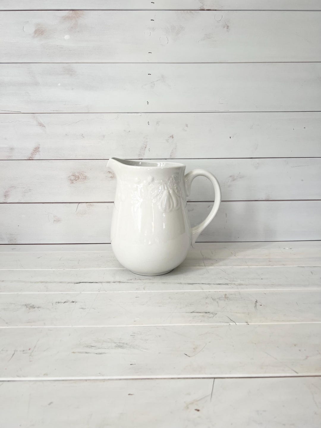 Vintage White Ceramic Pitcher: Farmhouse Kitchen Utensil Holder Vase - Etsy