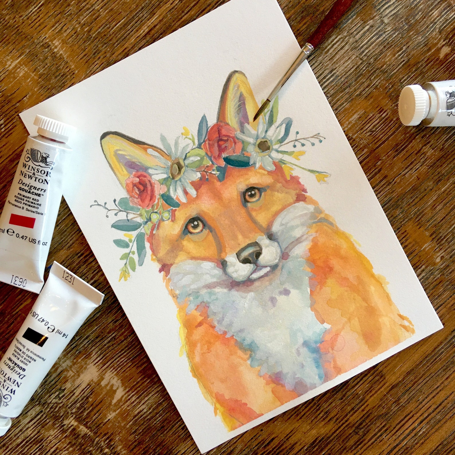 Printable Digital Download Fox With Flower Crown Gouache | Etsy
