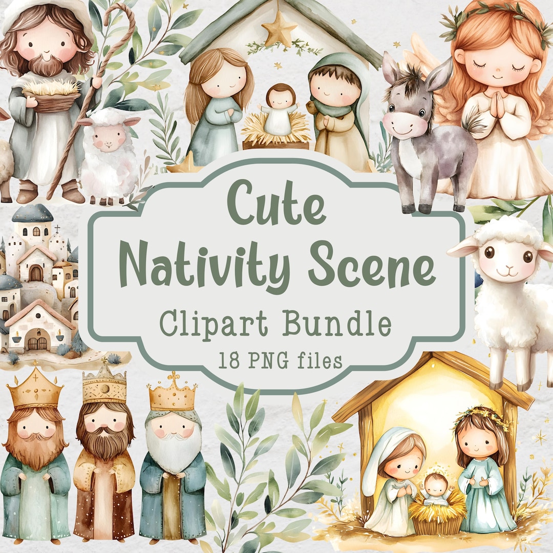 Cute Nativity Scene Clipart Bundle, Baby Jesus Christmas Images, 18 PNG ...