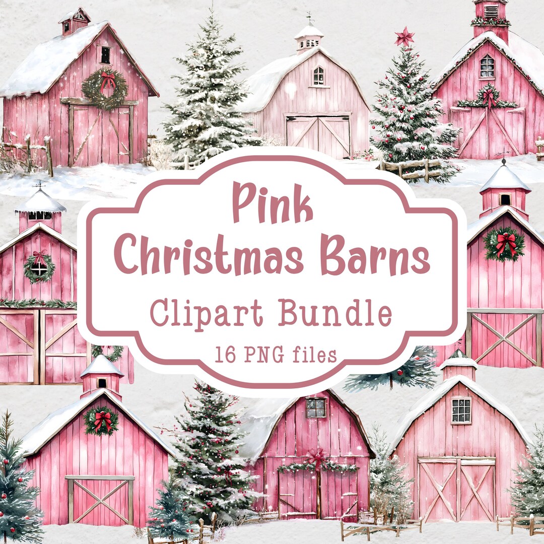 Pink Christmas Barns Clipart Bundle, Coquette Christmas Images, 16 ...