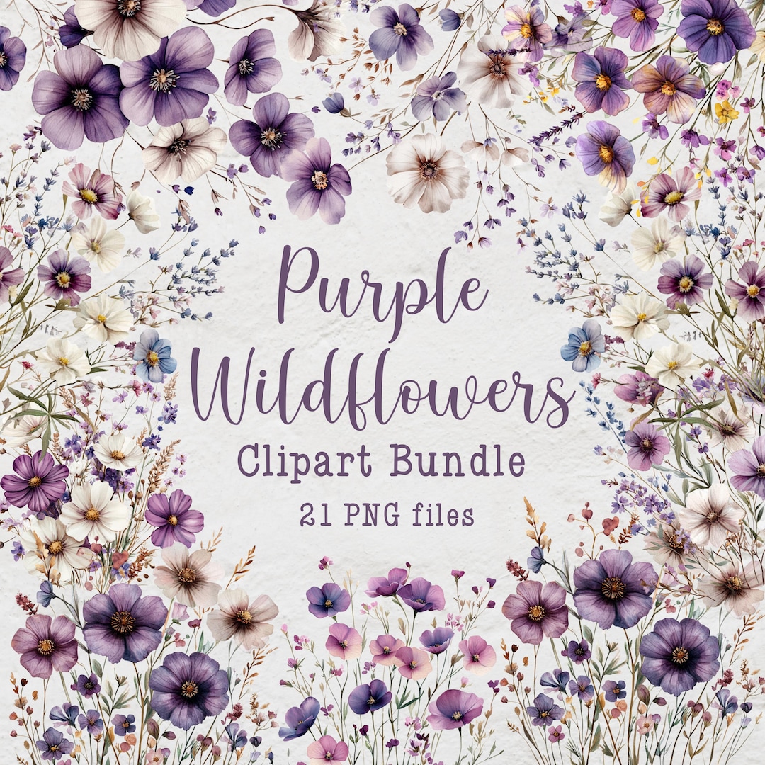 Purple Wildflowers Clipart Bundle, Watercolor Floral Clipart, Spring ...