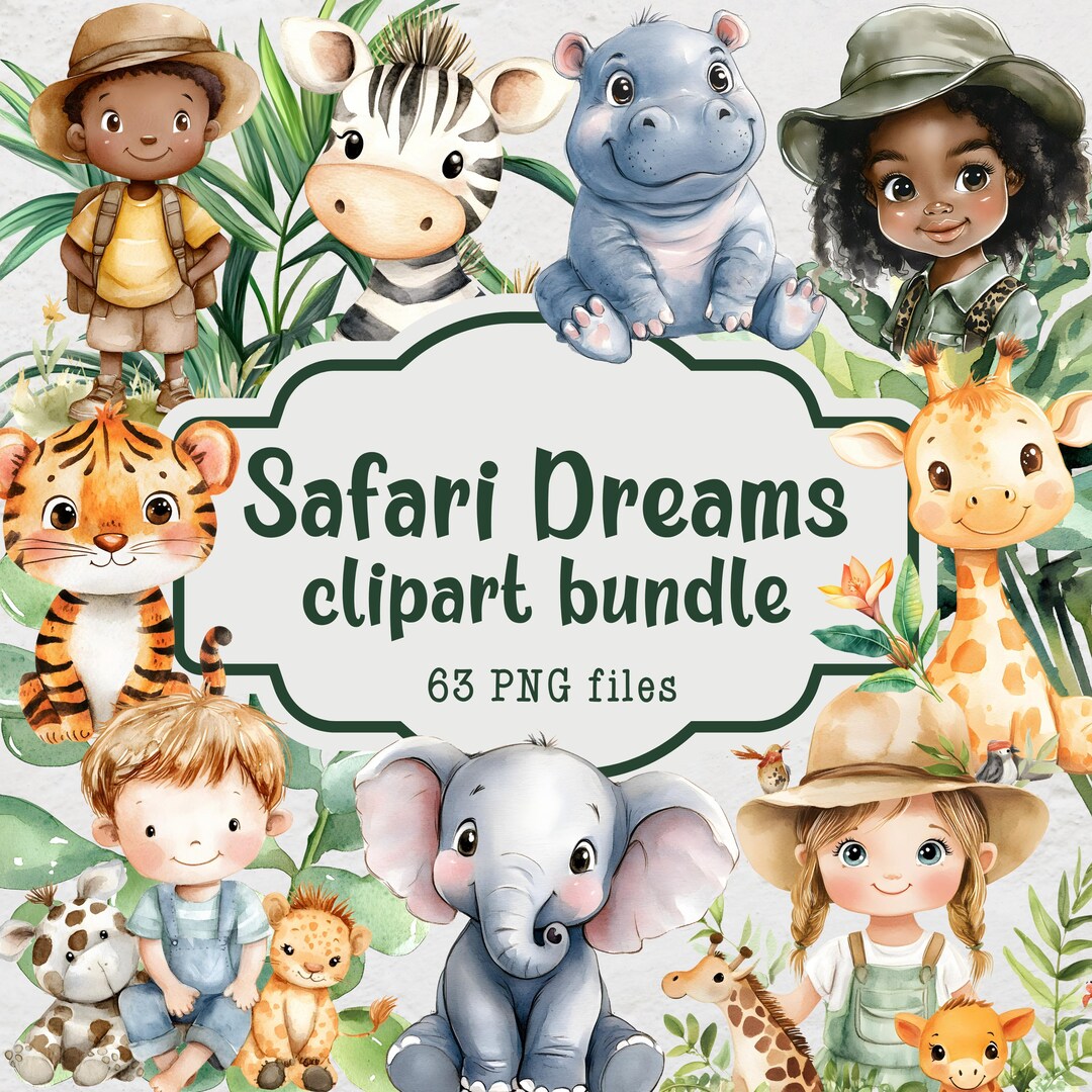 Safari Clipart Bundle, Baby Safari Animals Images, 63 PNG Files ...