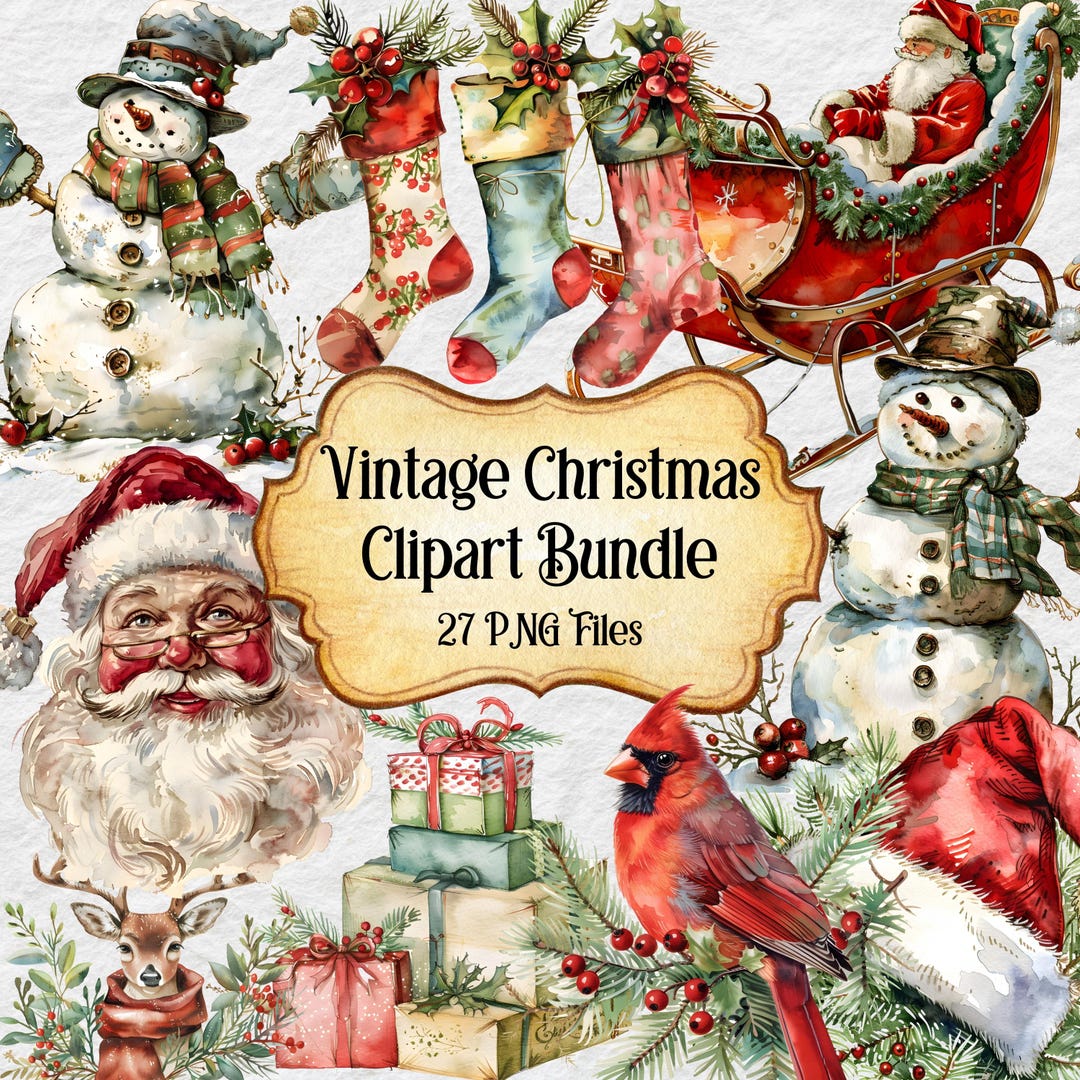 Christmas Clipart Bundle, Vintage Christmas Images, 27 Winter PNG Files ...