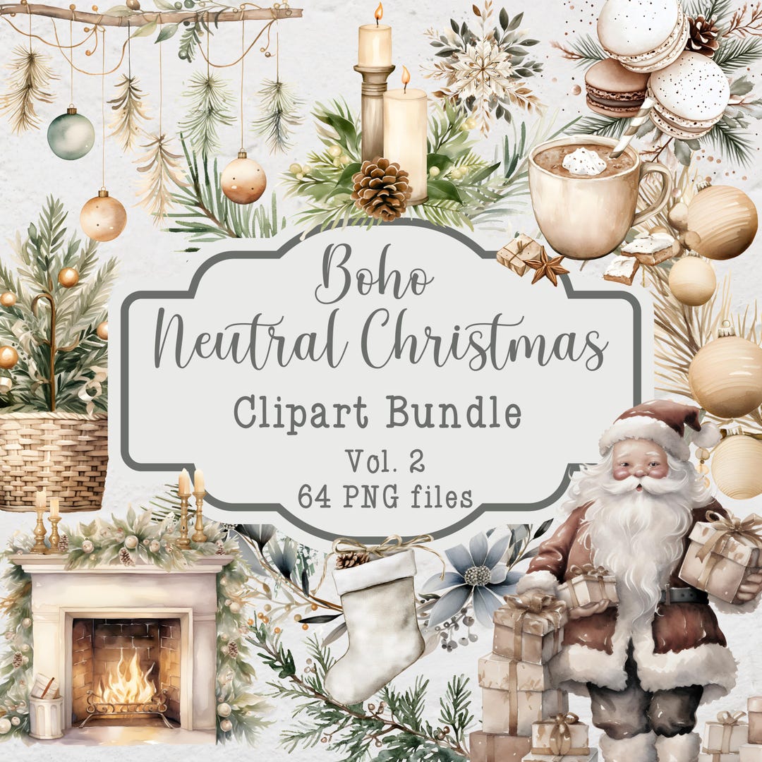 Boho Neutral Christmas Clipart Bundle, Rustic Christmas Graphics, 62 ...