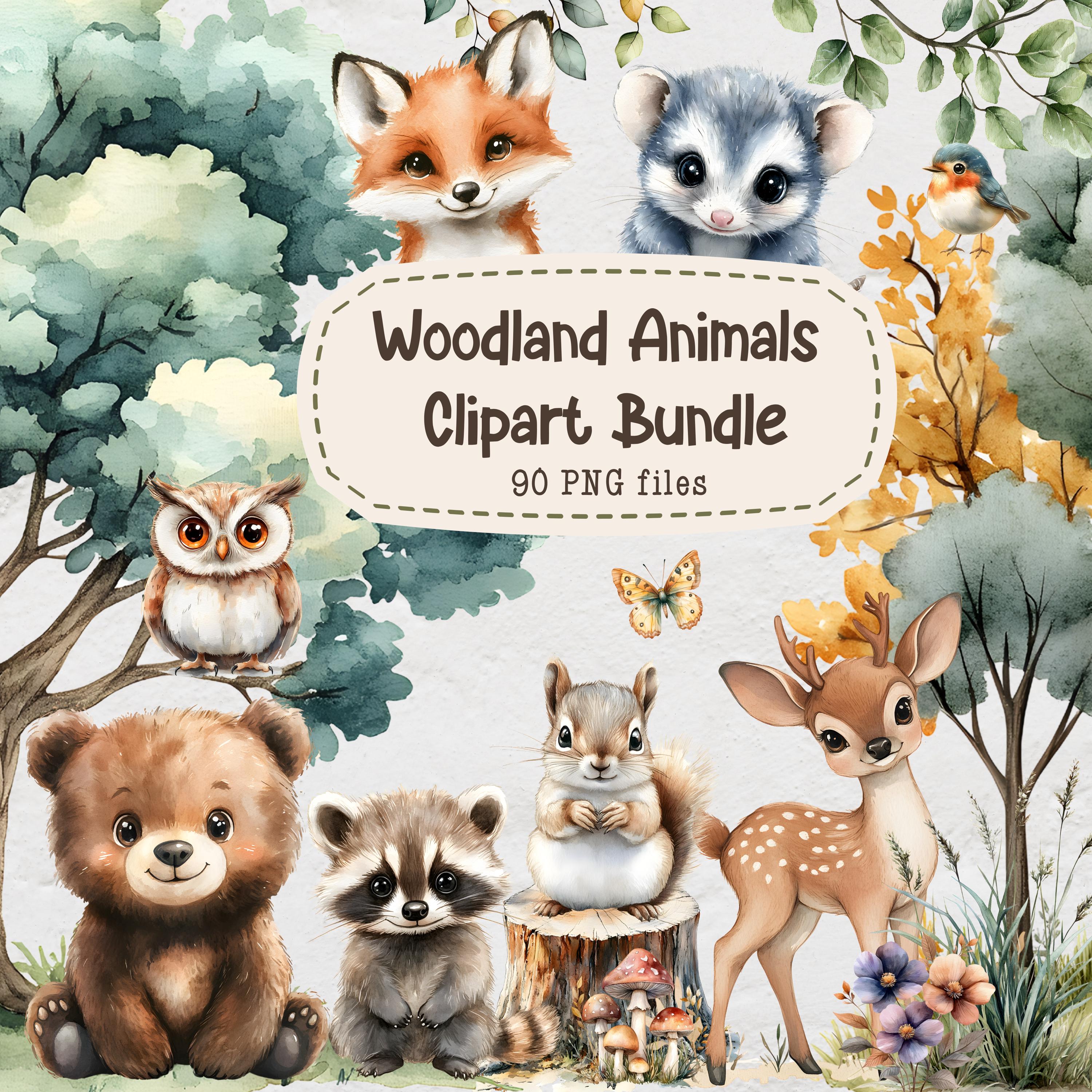 Woodland Animals Clipart Bundle, Watercolor Woodland Images, 90 PNG ...