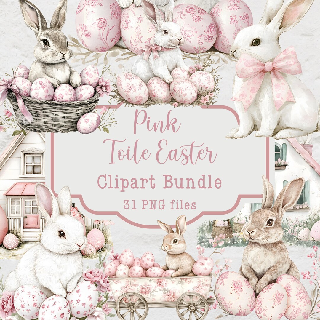 Pink Toile Easter Clipart Bundle, Pink Easter Graphics, 31 PNG Files ...