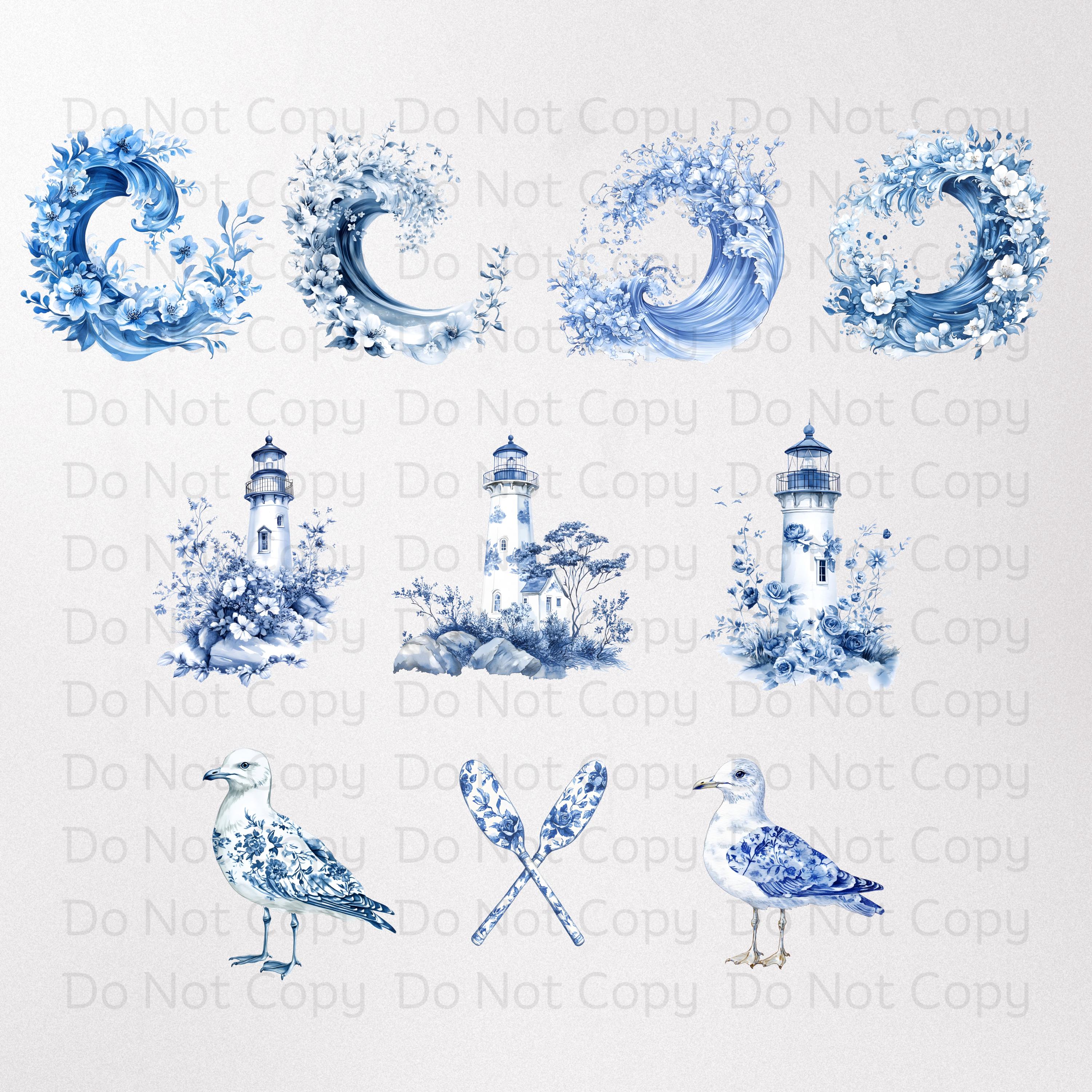 Nautical Blue Toile Clipart Bundle, Watercolor Ocean Toile Graphics, 58 ...