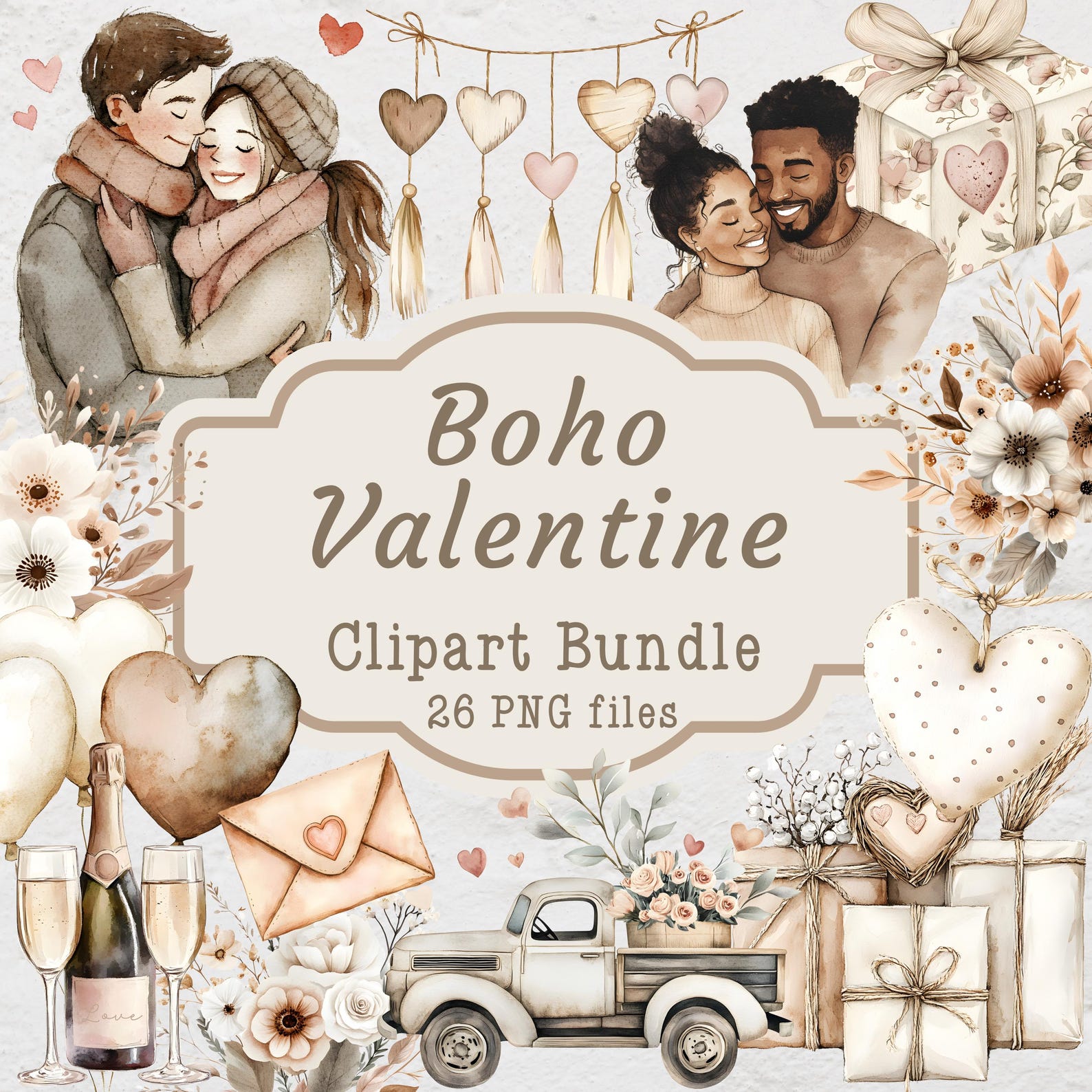 Boho Valentine Clipart Bundle, Neutral Valentine's Day Images, 26 PNG ...