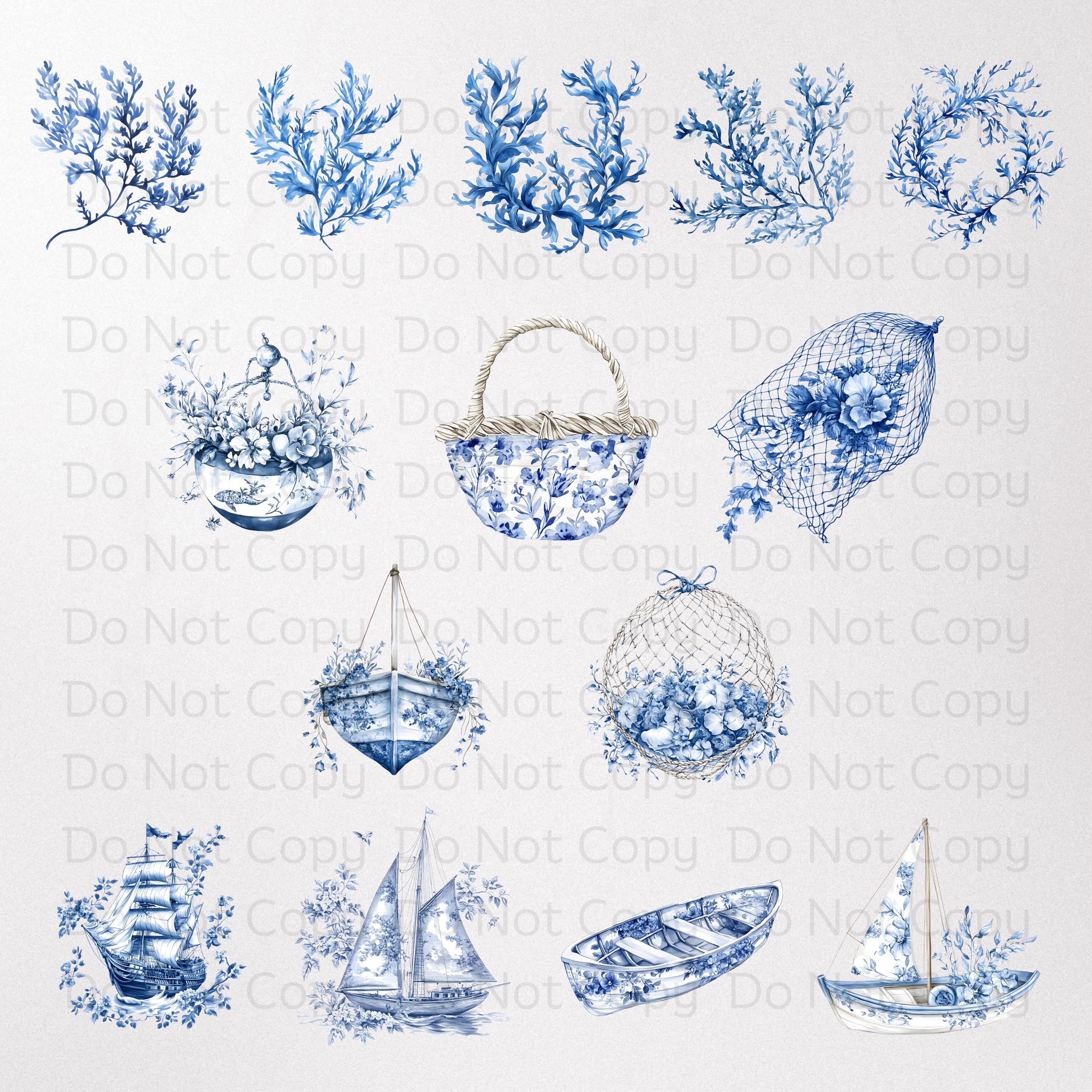 Nautical Blue Toile Clipart Bundle, Watercolor Ocean Toile Graphics, 58 ...