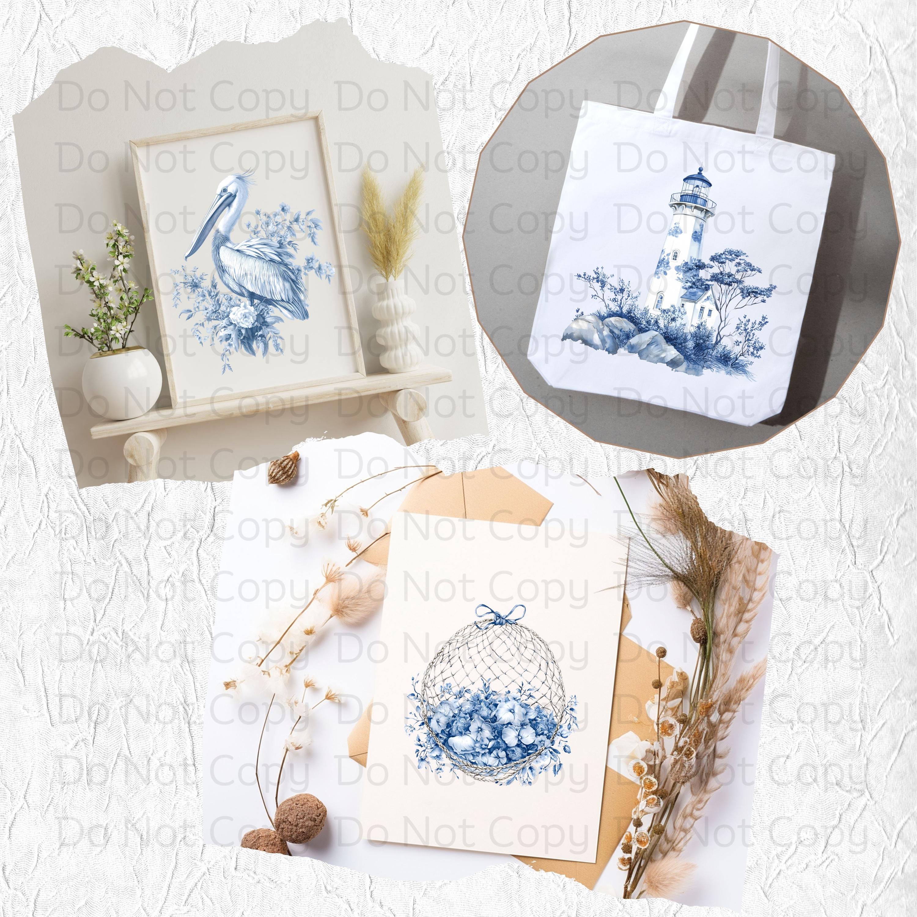 Nautical Blue Toile Clipart Bundle, Watercolor Ocean Toile Graphics, 58 ...