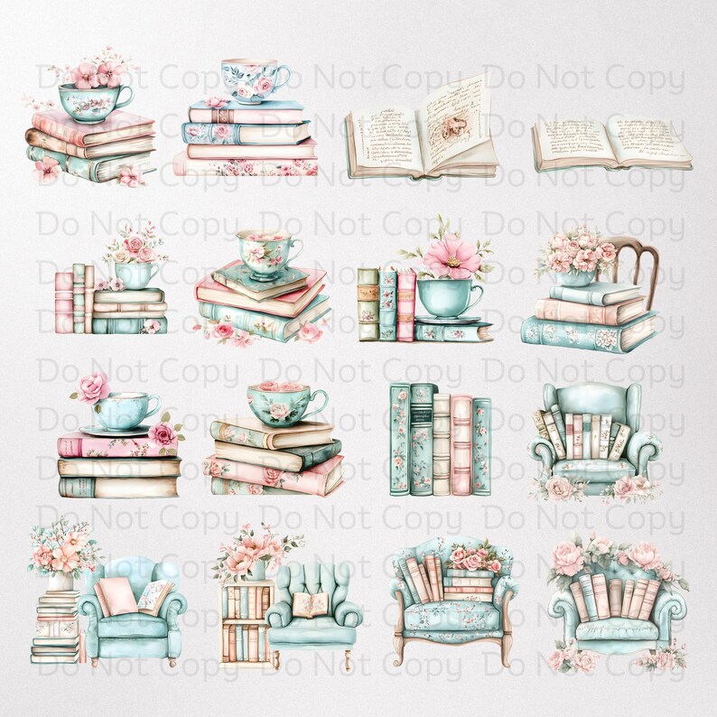 Book Lover Clipart Bundle, Watercolor Pastel Shabby Chic Book Graphics ...