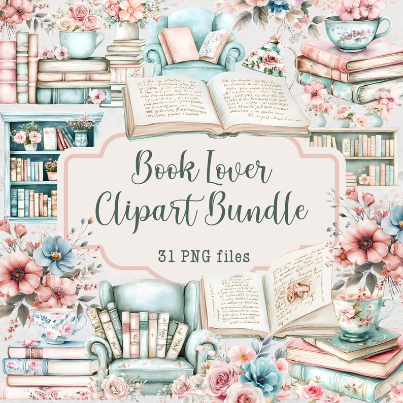 Book Lover Clipart Bundle, Watercolor Pastel Shabby Chic Book Graphics ...