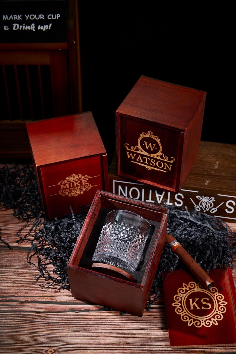 Personalized Whiskey Glass Set With Engraving Wooden Box, Groomsmen ...