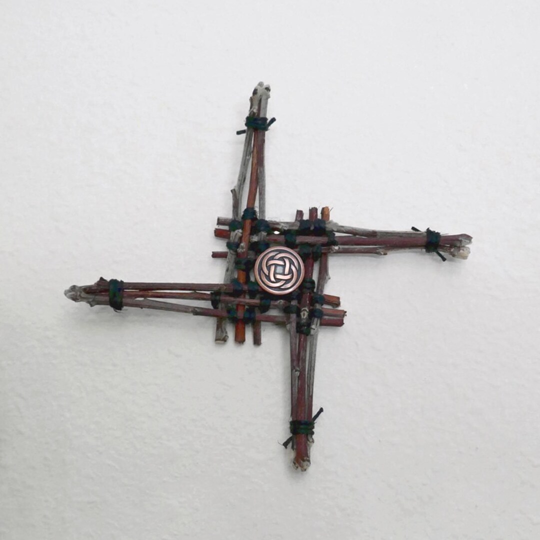 Copper Celtic Knot Brigid Cross - Button Embellished Woven Apple Wood ...