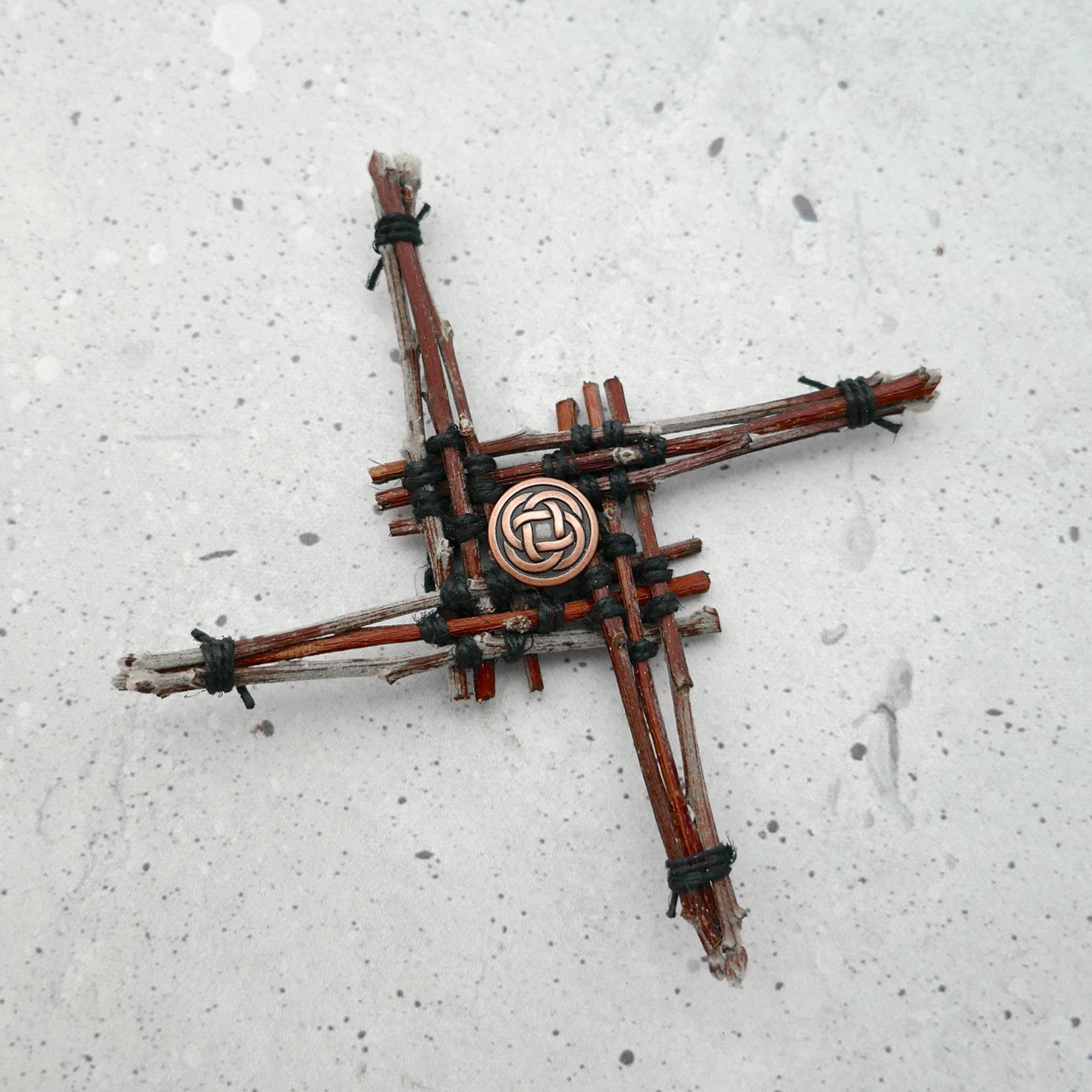 Copper Celtic Knot Brigid Cross - Button Embellished Woven Apple Wood ...