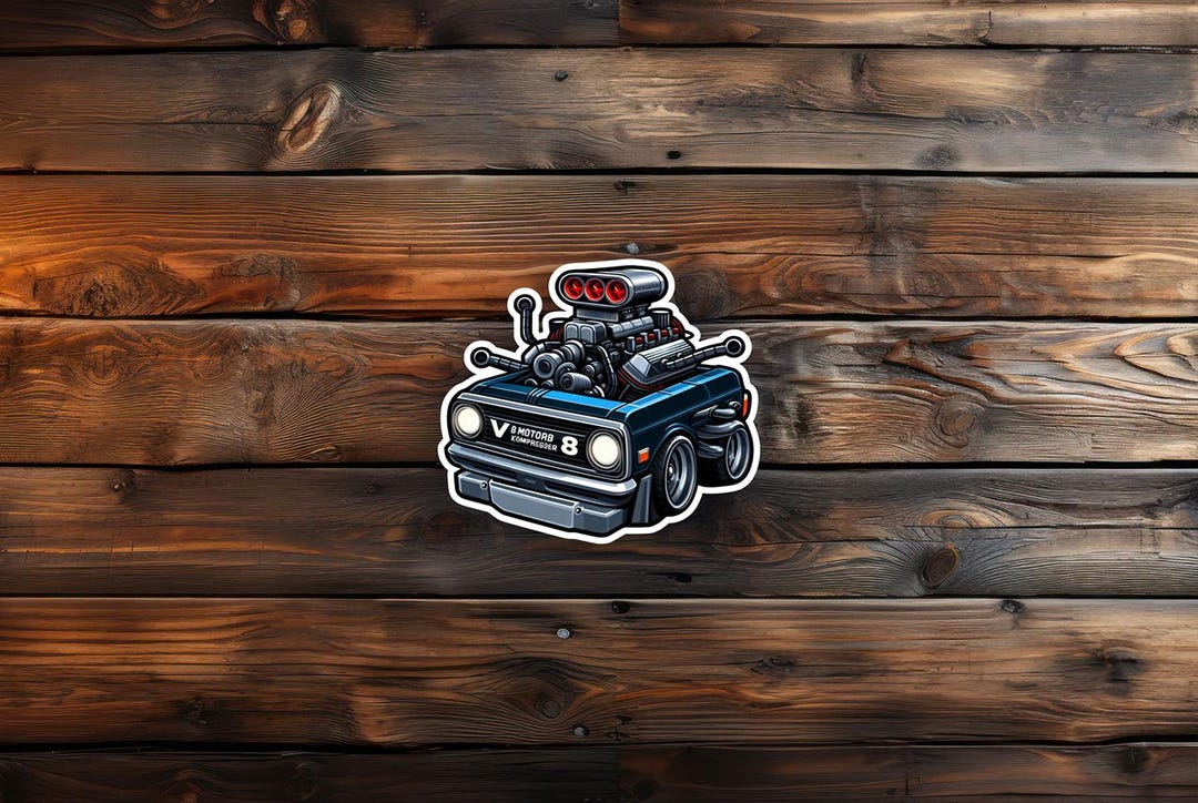 Automotive Kiss-cut Stickers - V8 Engine on Wheels, Racing Car Decal ...