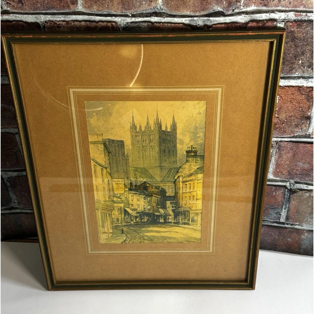 Vtg. Framed British Watercolor Print Wells Cathedral Historical F ...