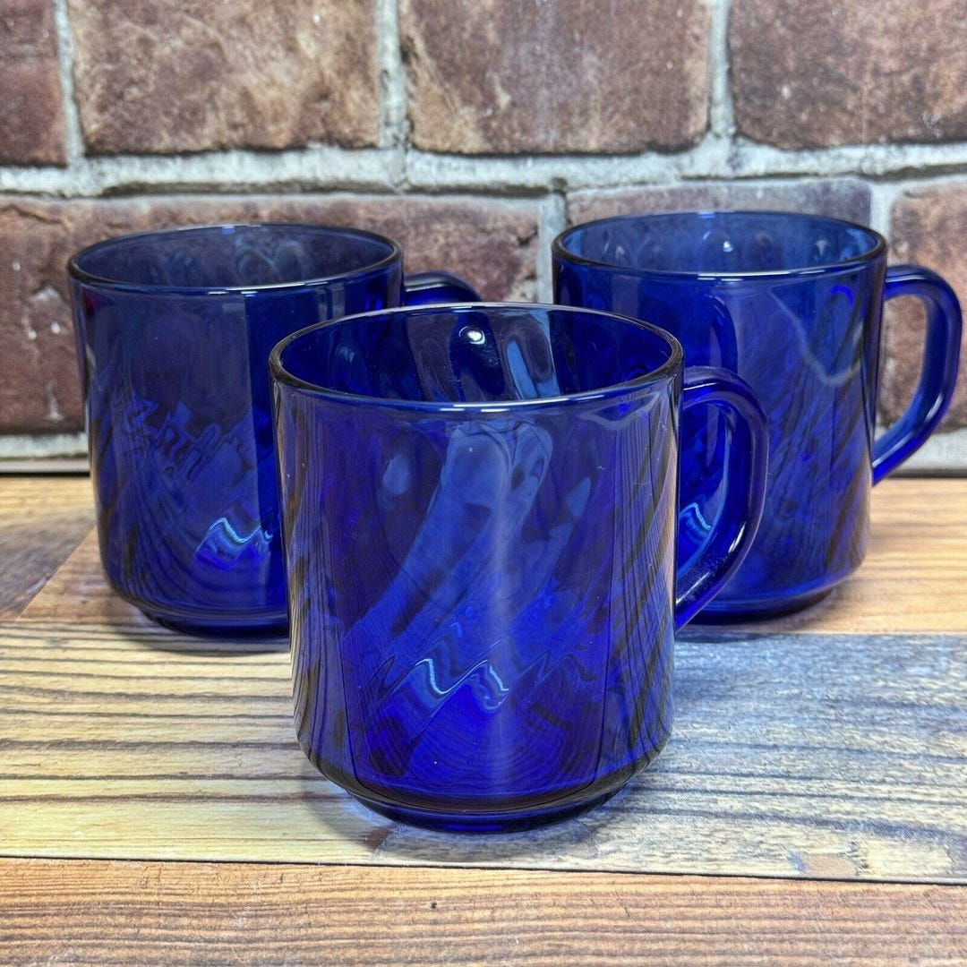 3 Vintage Retro Arcoroc Cobalt Blue Swirl Glass Coffee Cups Mugs Made ...
