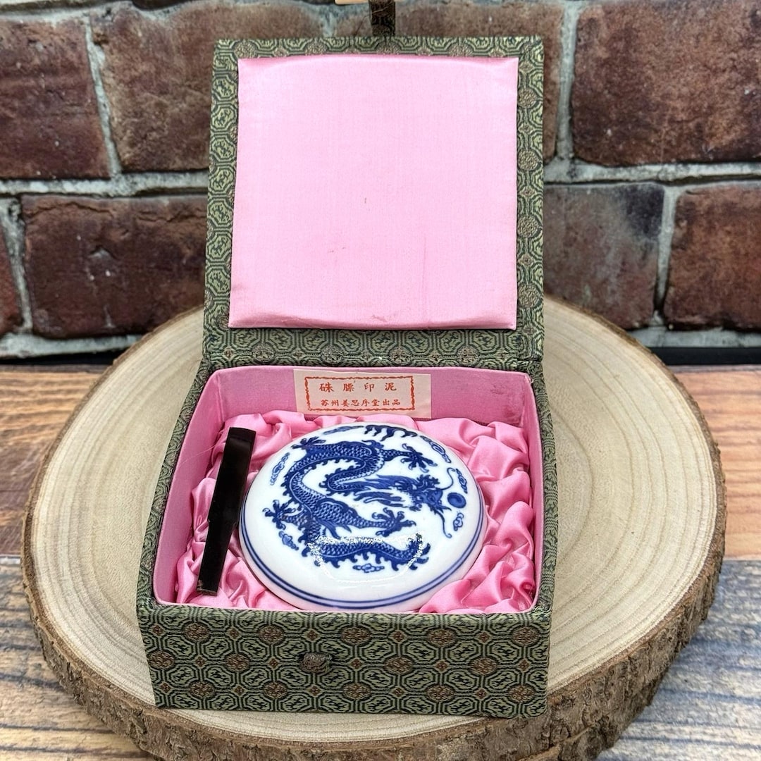 Vintage Chinese Red Cinnabar Paste Ink Dragon Porcelain Pot for Stamp ...