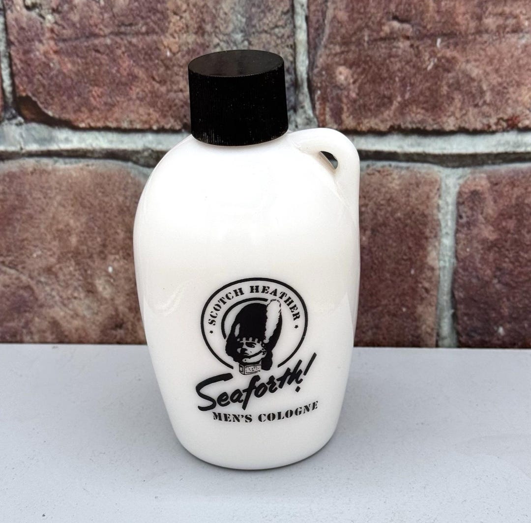 Vintage SEAFORTH Scotch Heather Men's Cologne 1950's Milk Glass Jug 4 ...