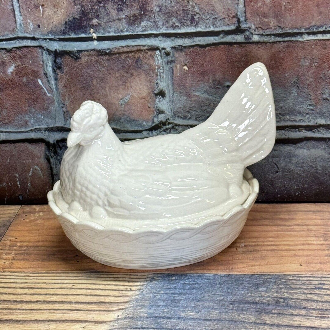 Vintage White Chicken Hen on Nest Basket Covered Bowl Dish Ceramic ...