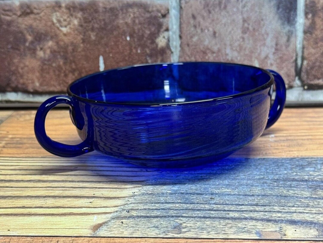 MCM Dark Blue Cobalt Hand Blown Art Glass Bowl Candy Nut Dish W Handles ...