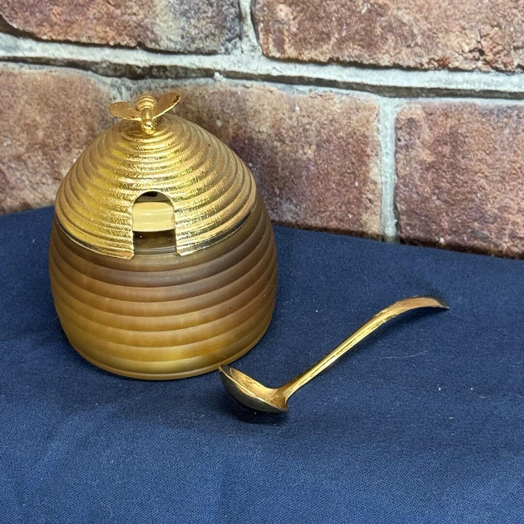 Vintage Avon "silk & Honey" Glass Bee Hive Shaped Honey Jar W/ Lid Gold ...