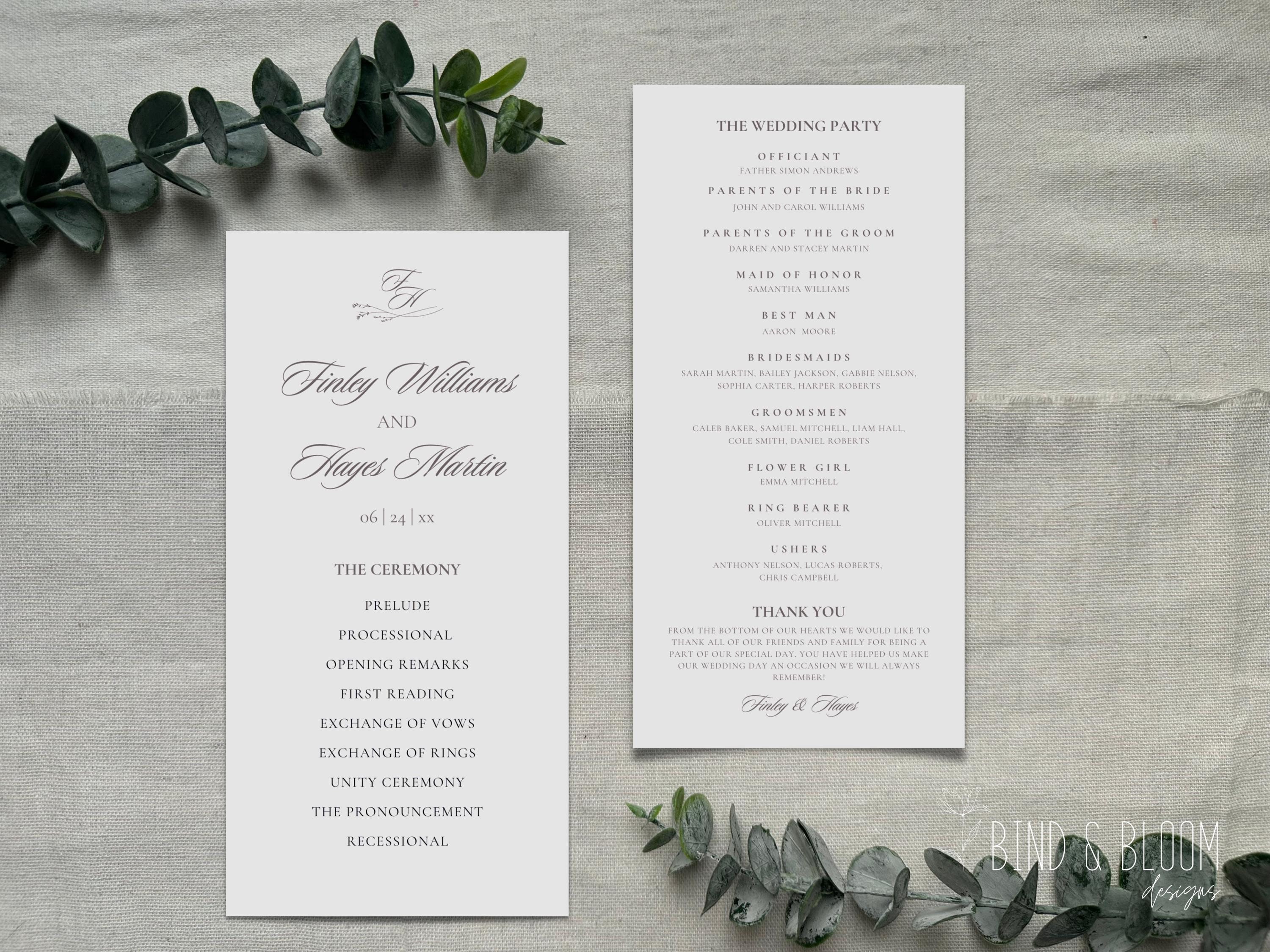 Elegant Wedding Program Template: Order of Service, Editable Ceremony ...